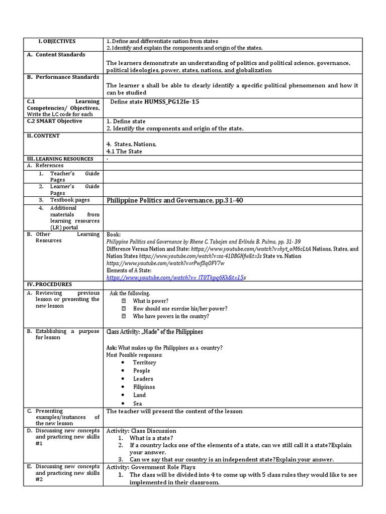 Philippine Politics and Governance, pp.31-40: I. Objectives A. Content Standards | Download Free ...