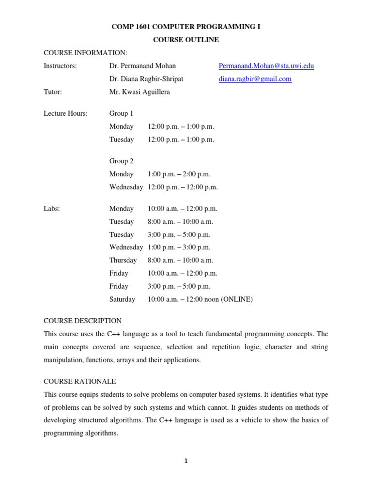 COMP1601 CourseOutline | PDF | Computer Program | Programming