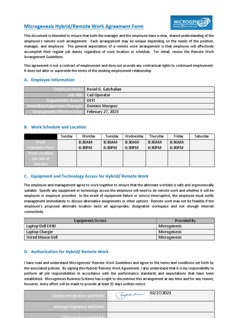 Remote Work Agreement 2023 | Download Free PDF | Employment | Labor