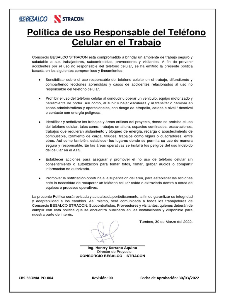 CBS-SSOMA-PO-004_POLÍTICA DE USO RESPONSABLE DEL TELEFONO CELULAR EN EL ...