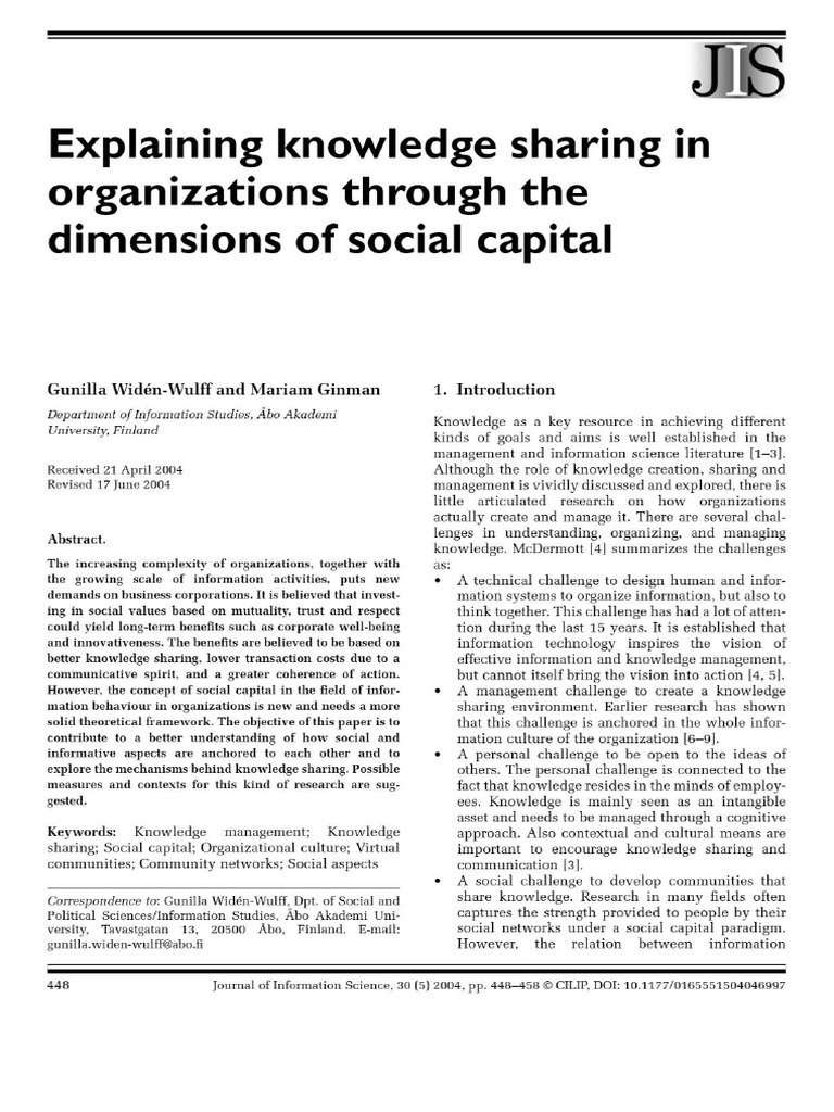 Gunilla Widén-Wulff Explaining Knowledge Sharing in Organizations Through The Dimension of ...
