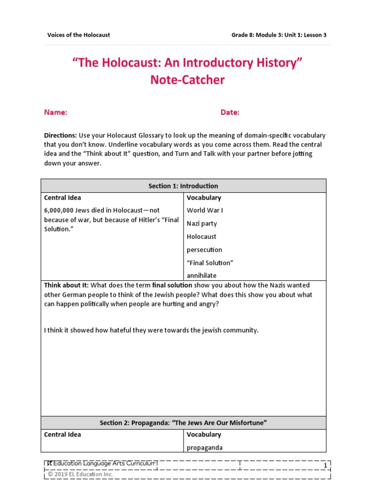 G8M3 Unit 1, Lesson 3, "The Holocaust An Introductory History" Note ...