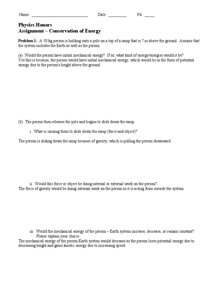 Physics Honors Assignment - Conservation of Energy | PDF | Potential ...