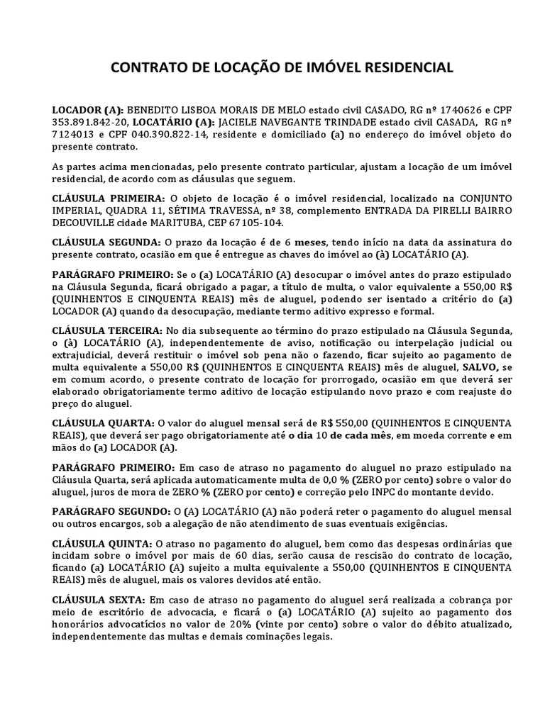 Modelo de Contrato de Aluguel Simples Word para Preencher Atualizado ...