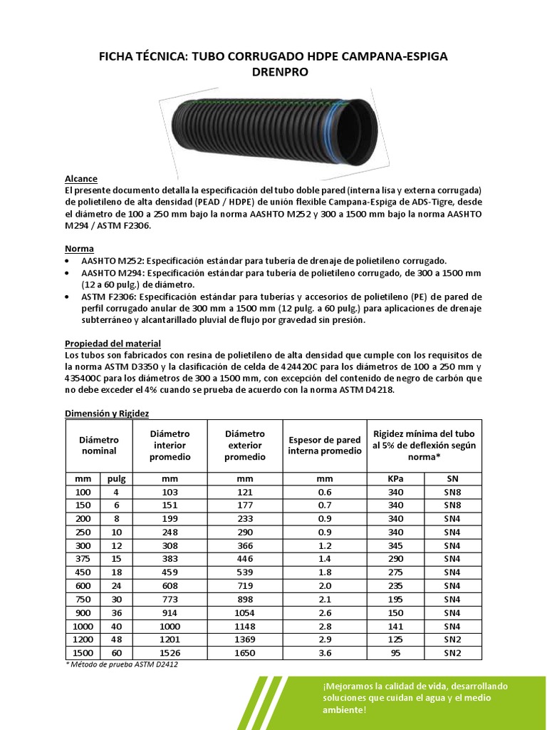 Ficha Técnica: Tubo Corrugado Hdpe Campana-Espiga Drenpro: Alcance ...