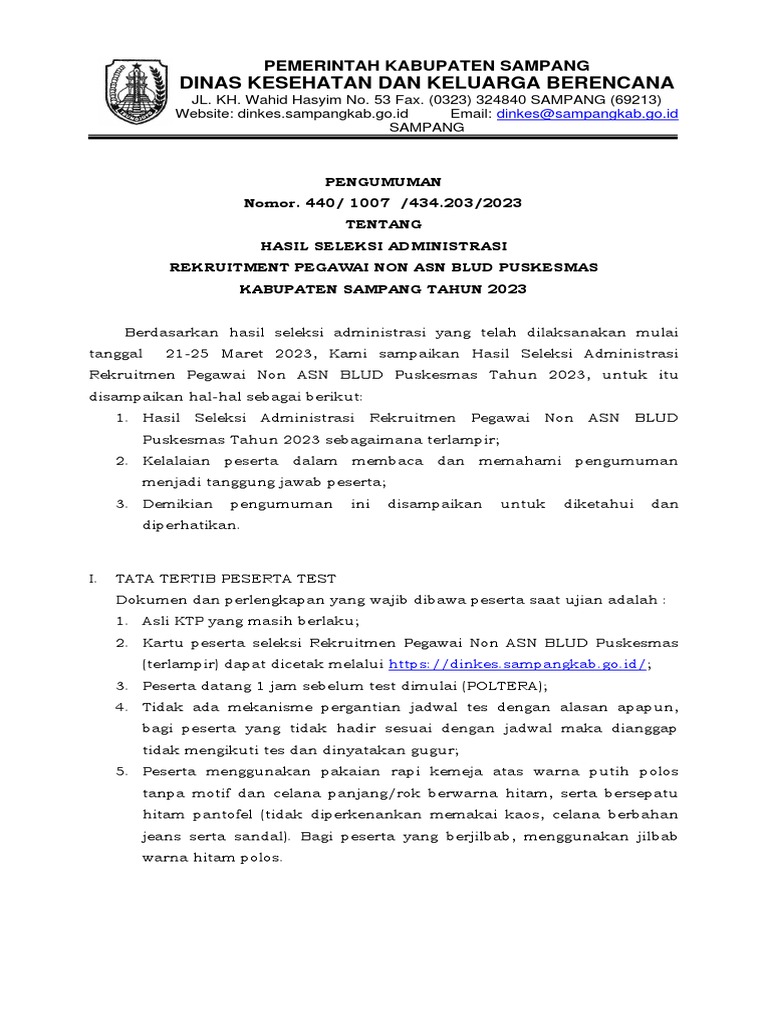 Pengumuman Hasil Seleksi Administrasi Rekruitmen BLUD Puskesmas 2023 | PDF