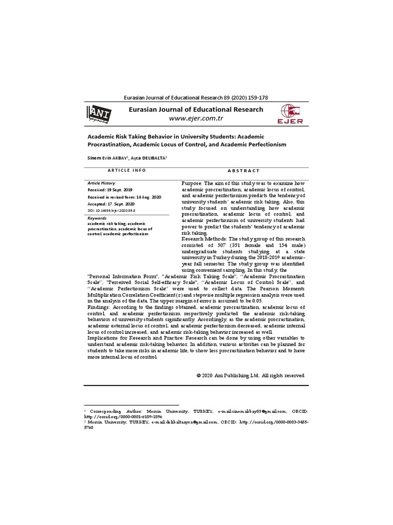 Academic Risk Taking Behavior in University Students - Academic Procrastination, Academic Locus ...