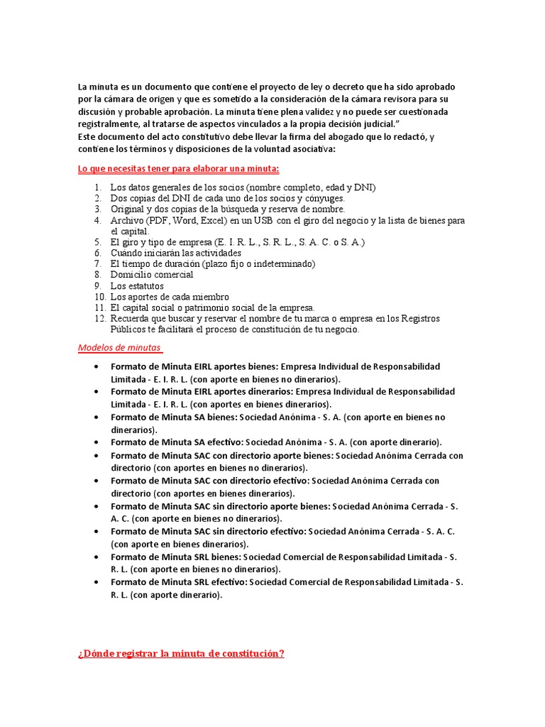 Lo Que Necesitas Tener para Elaborar Una Minuta:: Modelos de Minutas | PDF