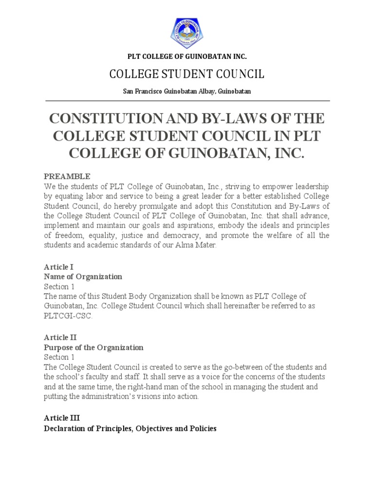 Constitution and By-Laws of The College Student Council in PLT College ...