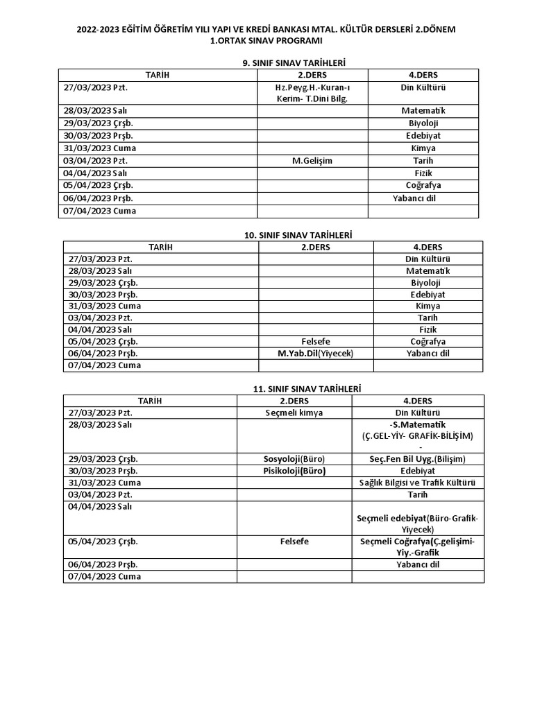 2.dönem 1. Sinav Tari̇hleri̇ | PDF