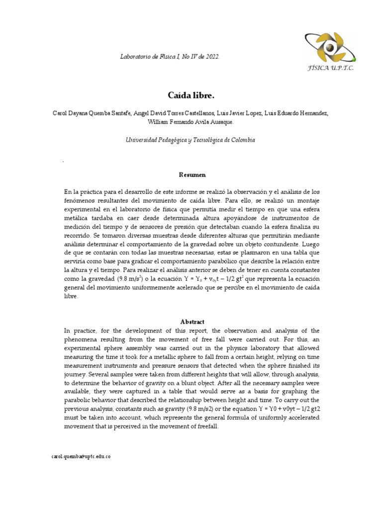 Informe Caida Libre | PDF | Aceleración | Gravedad