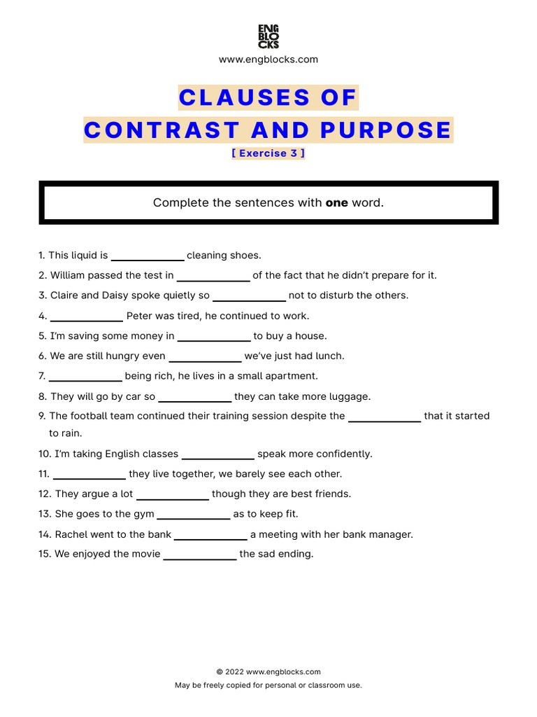 Clauses of Contrast and Purpose Exercise 3 | PDF