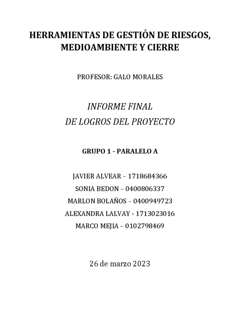 Informe de Logros Final de Proyecto Ciclovía - Grupo 1 | PDF