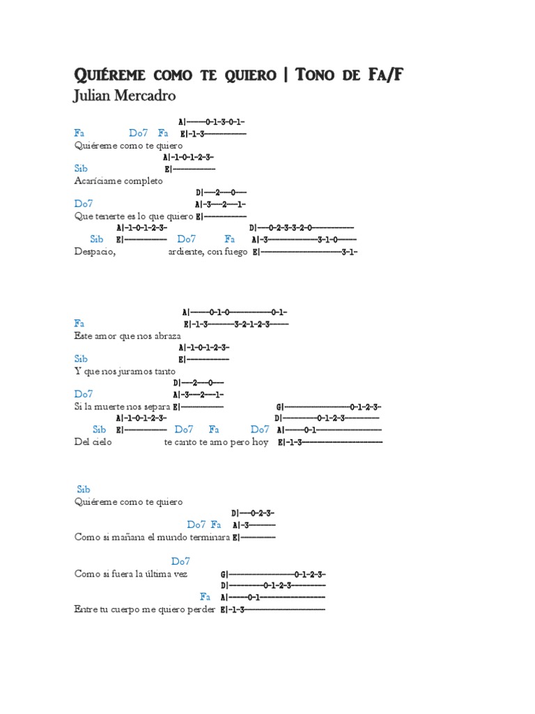 Quiéreme Como Te Quiero - Tono de Fa/F: Julian Mercadro | PDF