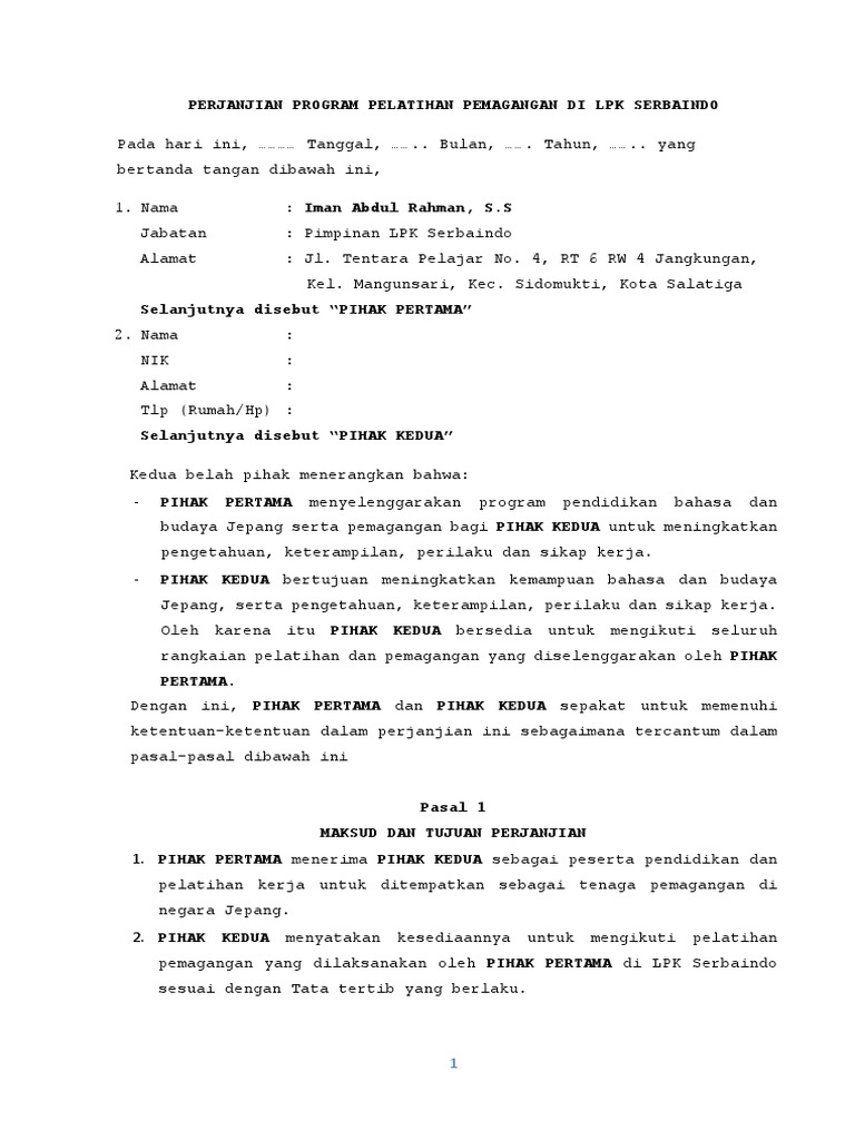 Contoh Perjanjian Pemagangan Antara Peserta Magang Dengan LPK Yang Memuat Hak Dan Kewajiban | PDF