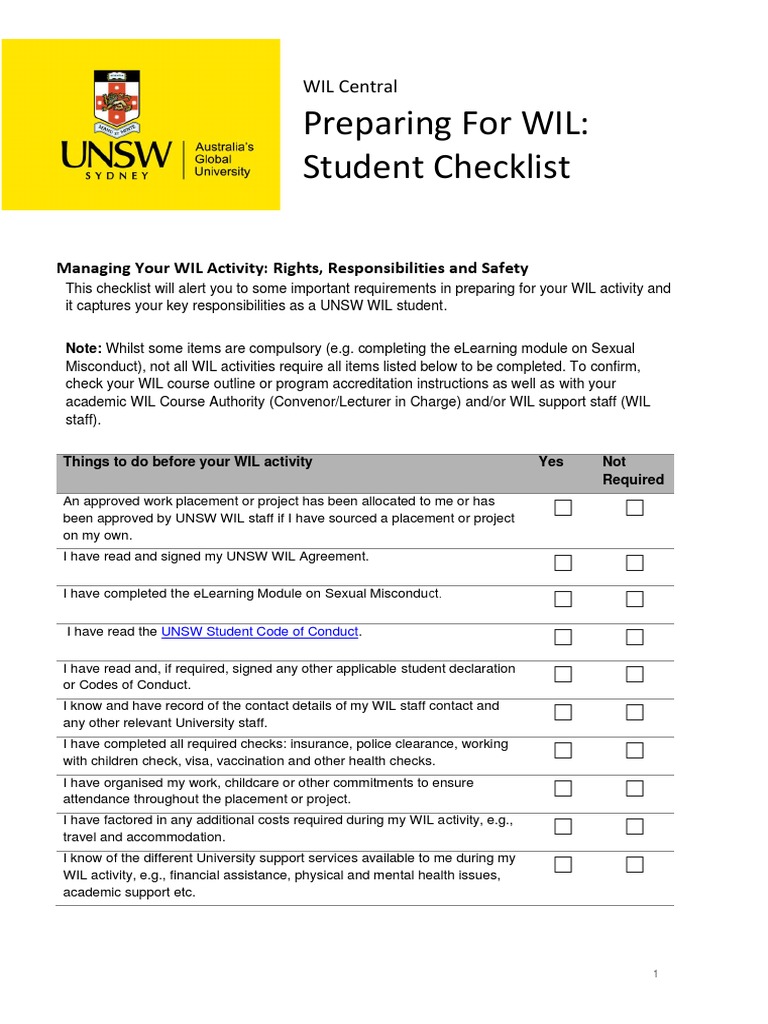 Preparing For WIL Student Checklist | PDF | Learning | Risk Assessment