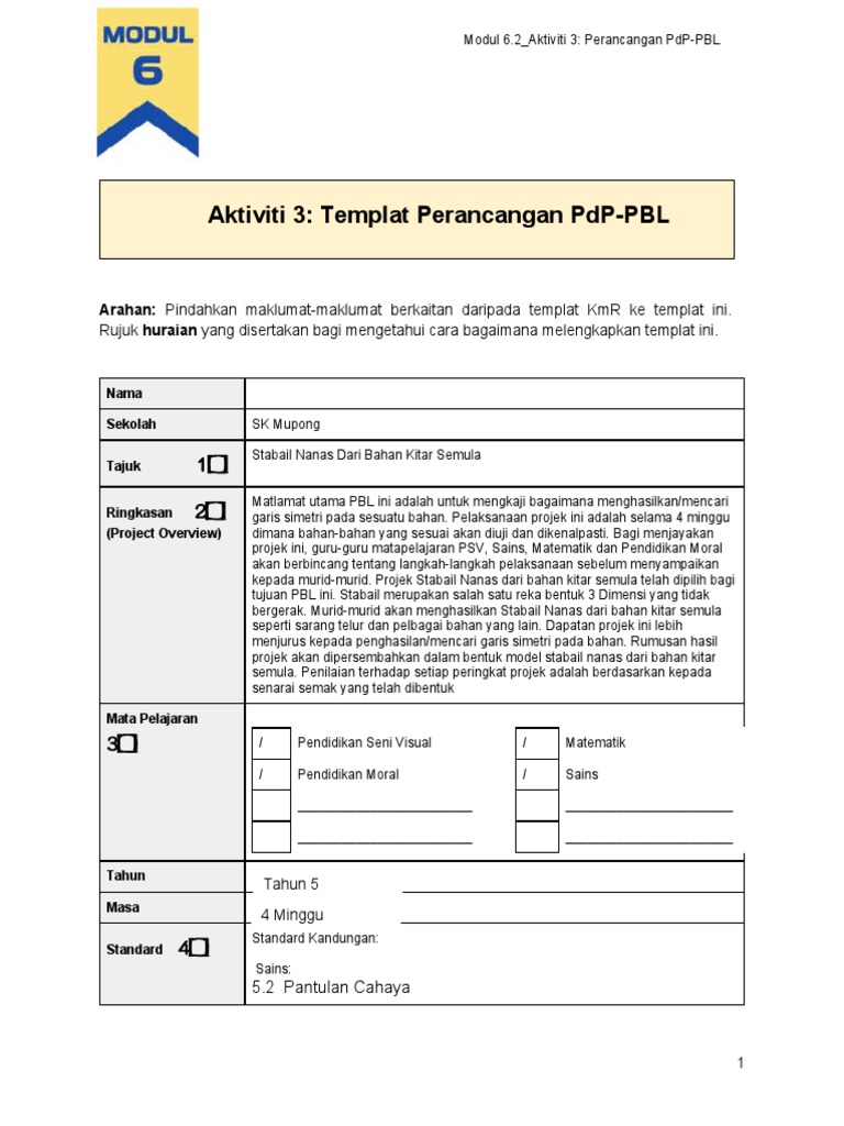 Toolkit 6.2 - Aktiviti 3 Templat Perancangan PDP-PBL | PDF