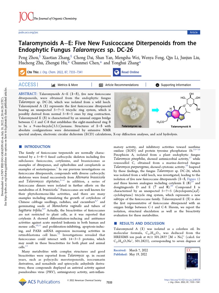 Talaromynoids A E: Five New Fusicoccane Diterpenoids From The Endophytic Fungus Talaromyces Sp ...