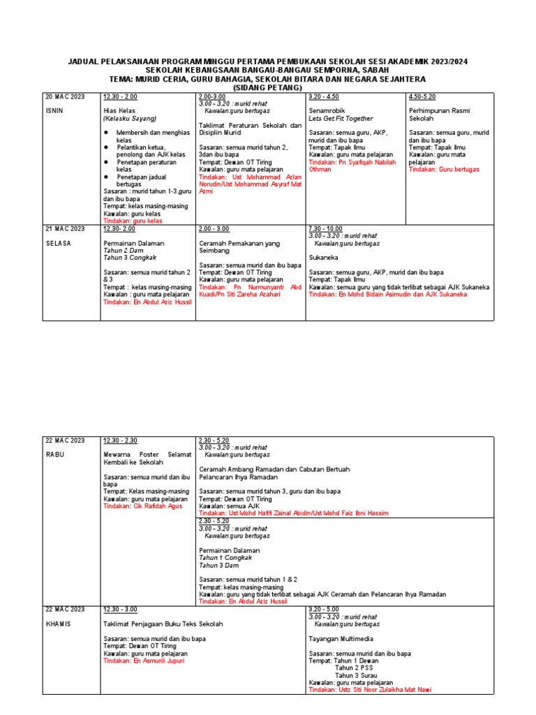 JADUAL PELAKSANAAN PROGRAM MINGGU PERTAMA PEMBUKAAN SEKOLAH SESI PETANG ...