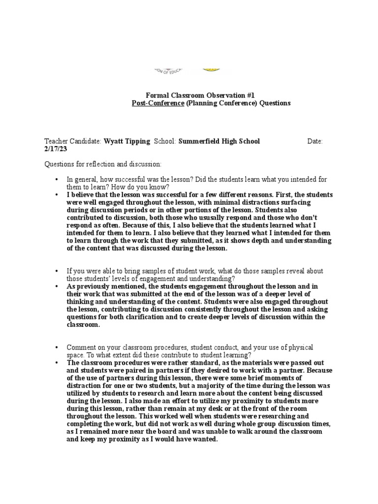 Post Conference Questions Observation 1 | PDF | Classroom | Education ...