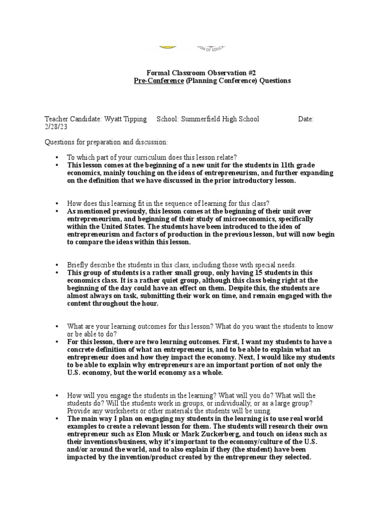 Pre Conference Questions Observation 2 | PDF | Entrepreneurship ...