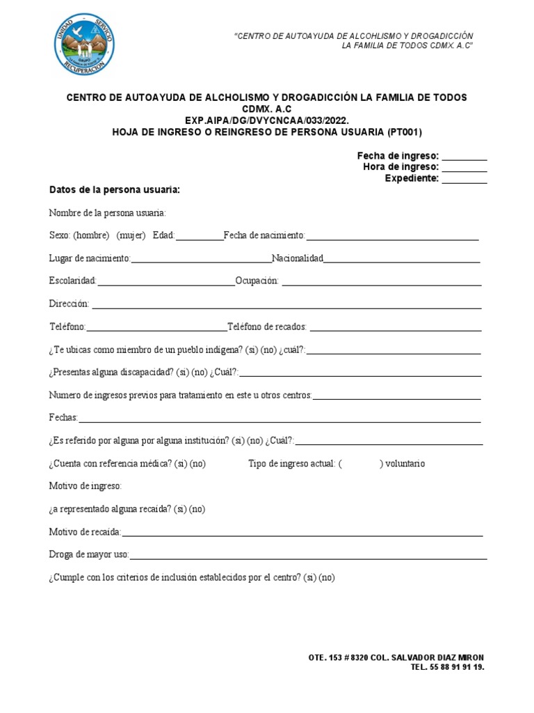 Hoja de Ingreso o Reingreso de Persona Usuaria PT001 | PDF | Privacidad ...