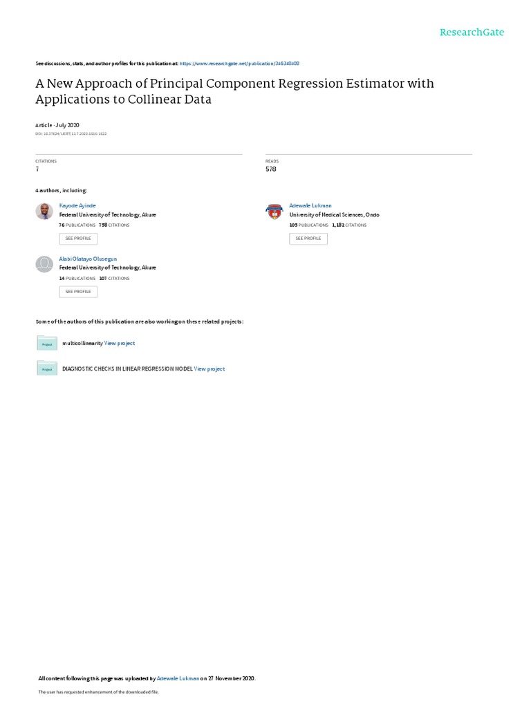 A New Approach of Principal Component Regression E | PDF