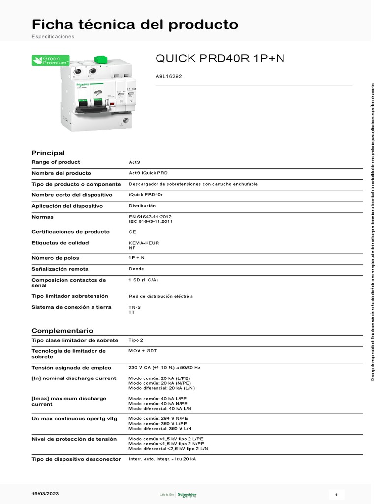 Ficha Técnica Del Producto: Quick Prd40R 1P+N | PDF | Naturaleza