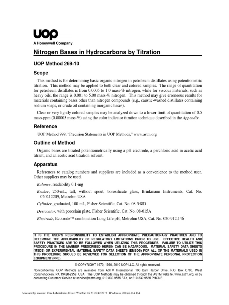 Nitrogen Bases in Hydrocarbons by Titration: UOP Method 269-10 Scope ...