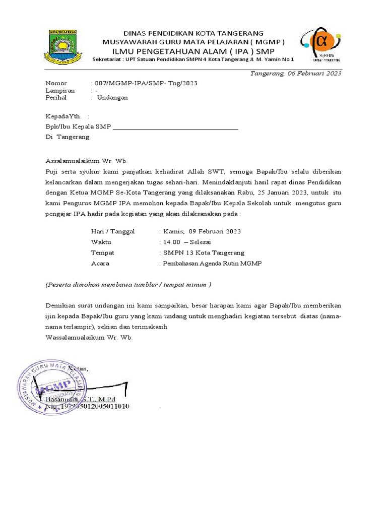Undangan Rapat MGMP IPA SMP Tangerang | PDF
