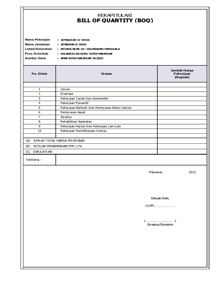 BOQ Kosong TKDN Jembatan DONIX Upah Rata 2023 | PDF