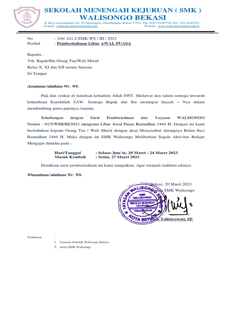 Surat Pemberitahuan Libur AWAL PUASA Ramadhan | PDF