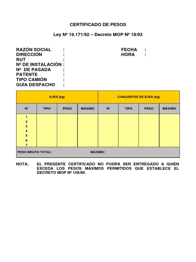 Certificado de Pesos Ley #19.171/92 - Decreto MOP #18/93 | PDF