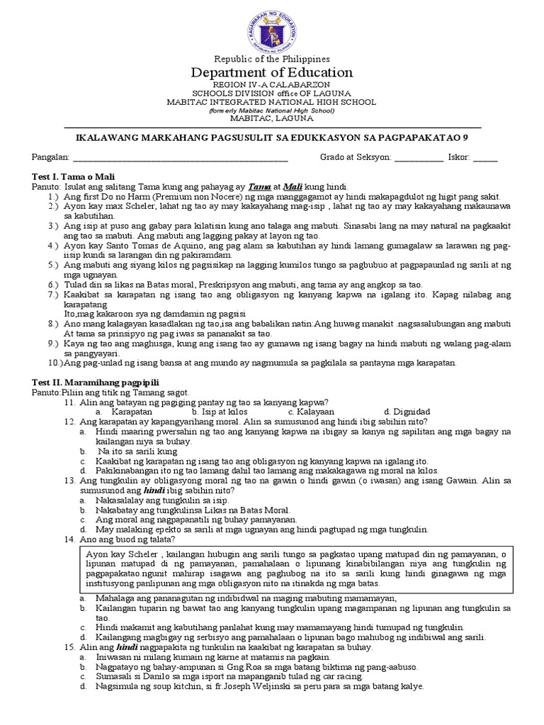 Ikalawang Markahang Pagsusulit Sa Edukkasyon Sa Pagpapakatao 9 | PDF