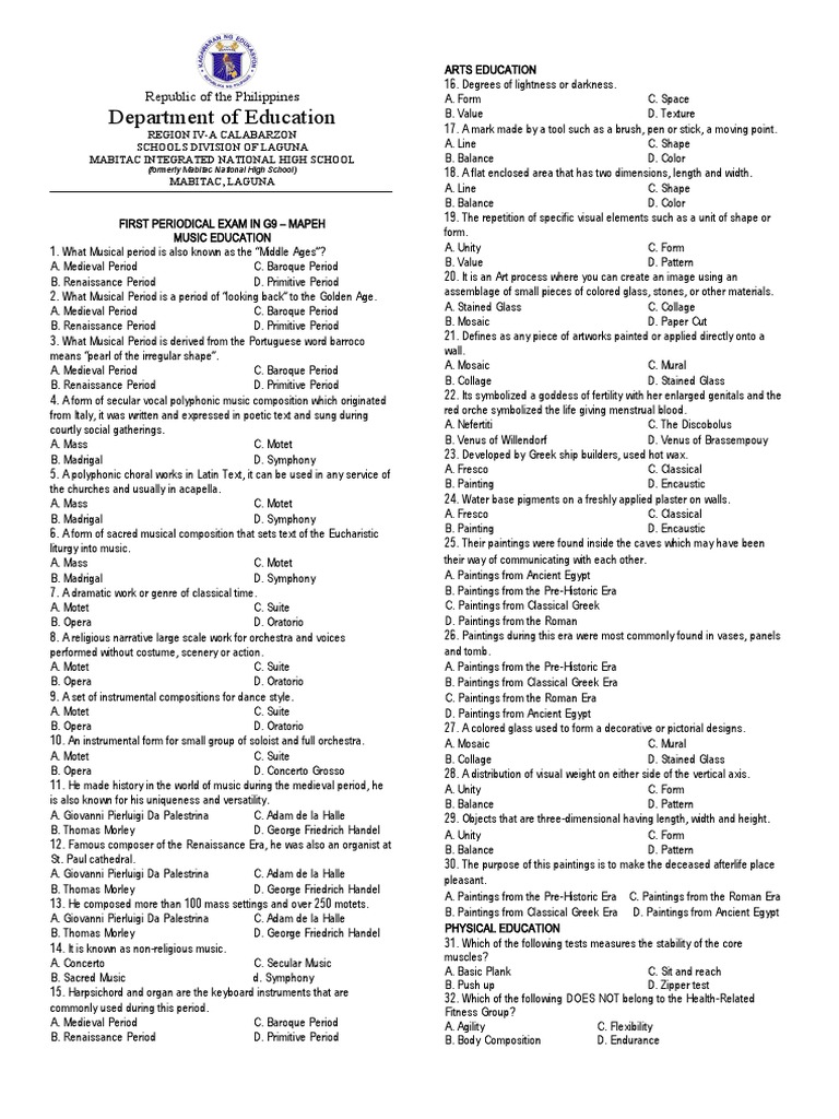 Mapeh 9 1ST Periodical Examination | PDF | Paintings