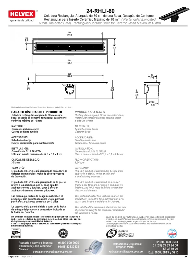 Coladera Rectangular 24-RHLI-60 Helvex | PDF