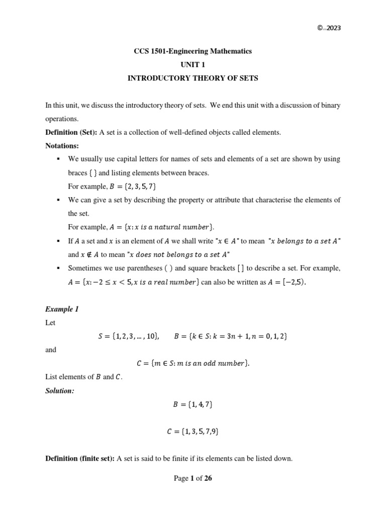 CCS 1501-Engineering Mathematics Unit 1 Introductory Theory of Sets ...
