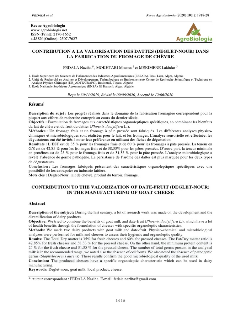 Valorisation des dattes dans le fromage de chèvre | PDF | Fromage ...
