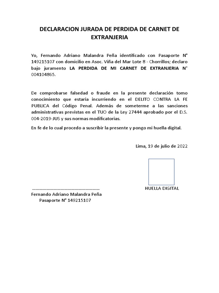 Declaracion Jurada de Perdida de Carnet de Extranjeria | PDF