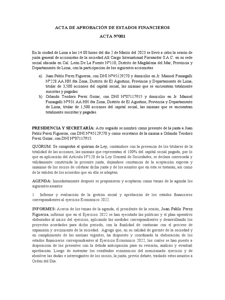 Acta 001 de Aprobación de Estados Financieros | PDF | Estado financiero ...