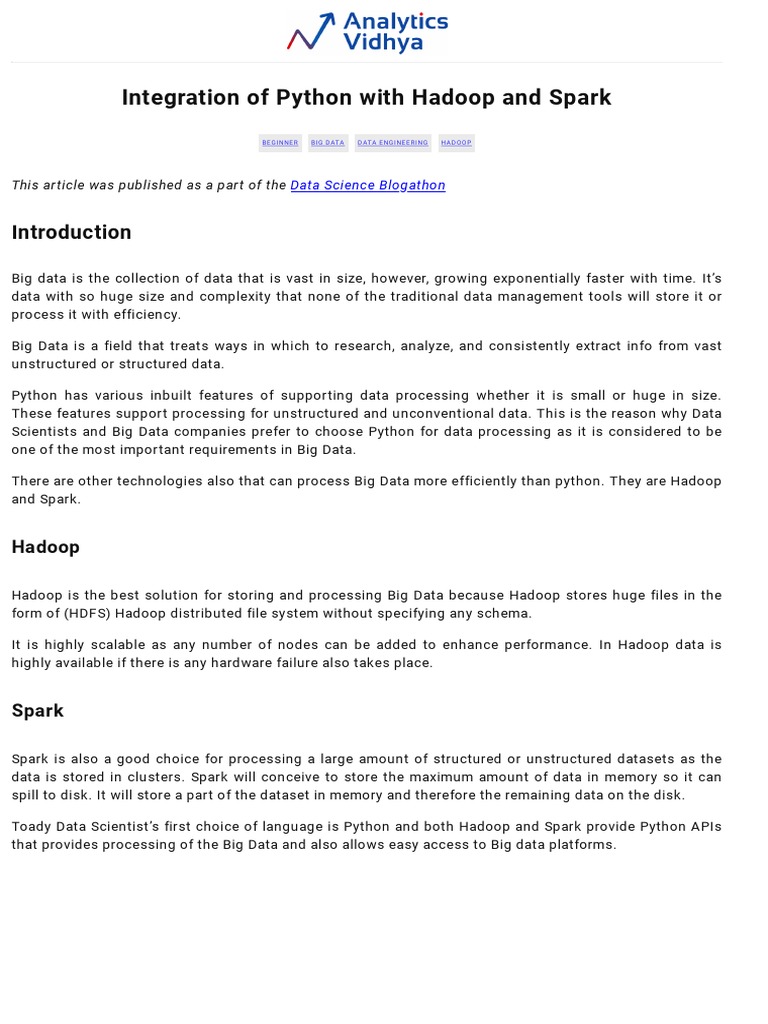 Integration of Python With Hadoop and Spark | PDF | Apache Hadoop | Apache Spark