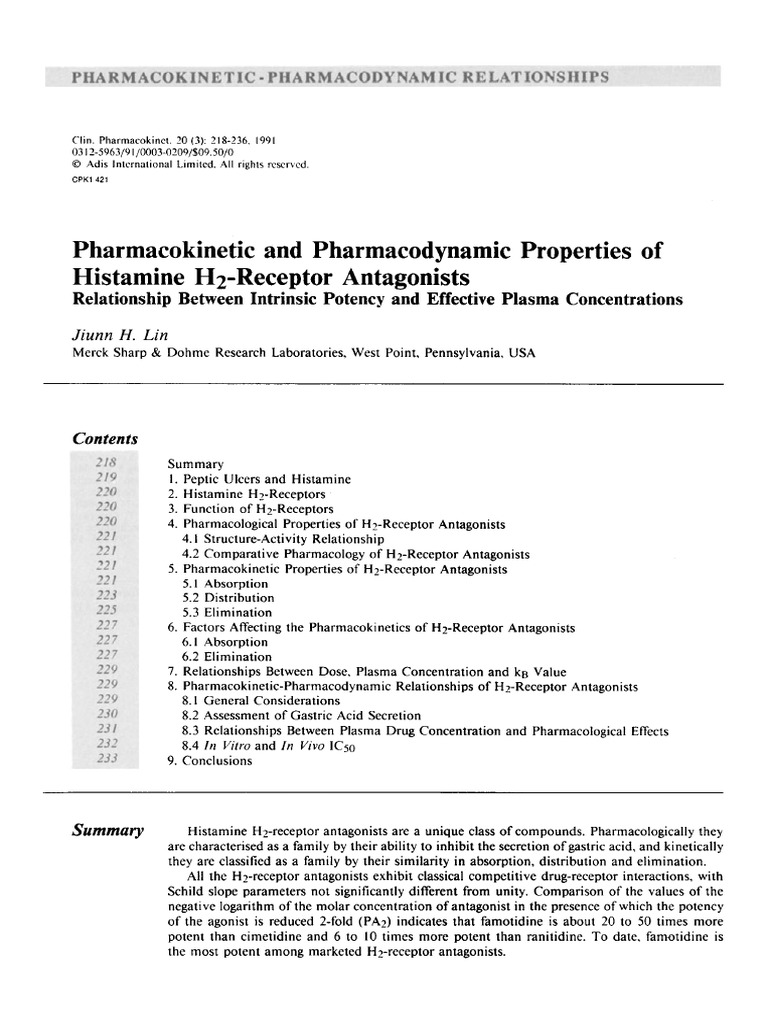 Pharmacokinetic and Pharmacodynamic Properties of Histamine H Receptor ...