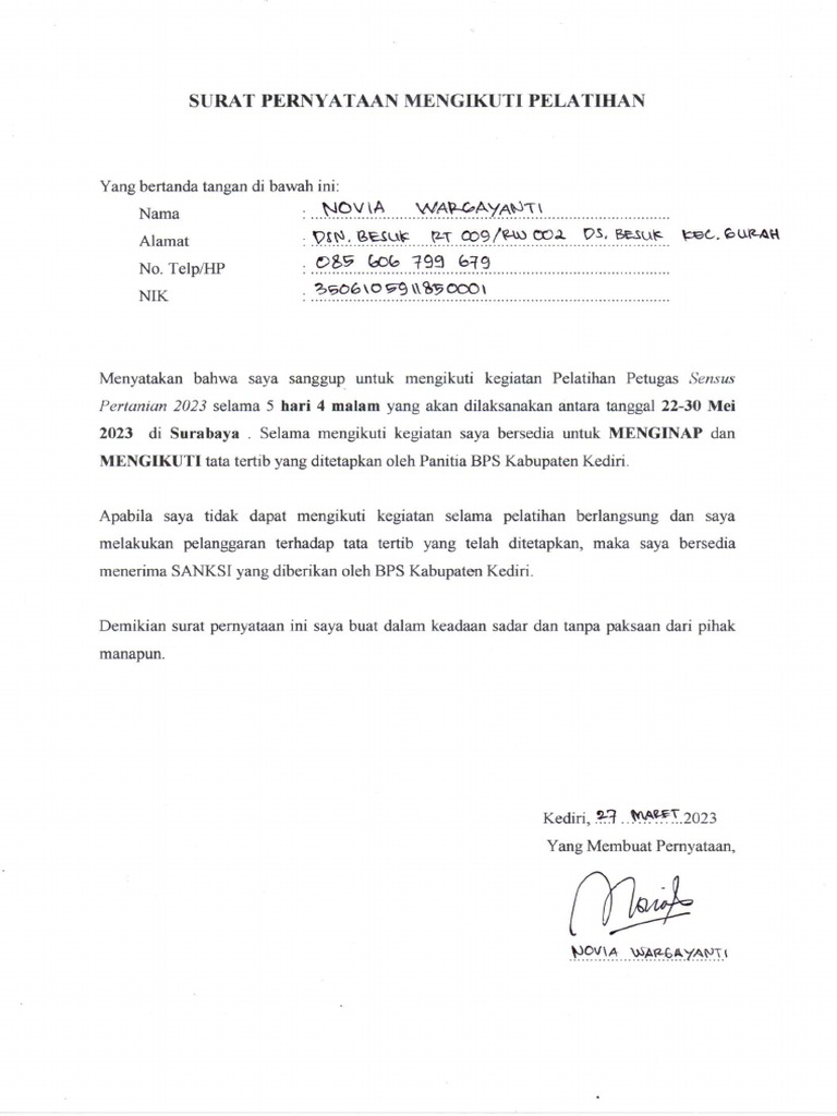Surat Pernyataan Mengikuti Pelatihan | PDF