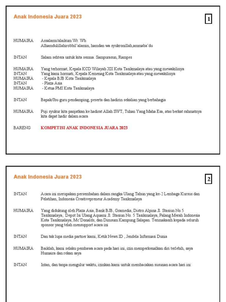 Script MC Anak Indonesia Juara | PDF