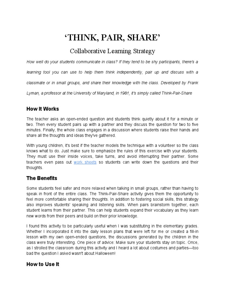 Think, Pair, Share': Collaborative Learning Strategy | PDF | Teachers ...