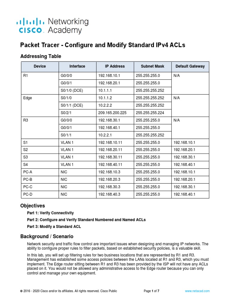 5.2.7 Packet Tracer - Configure and Modify Standard IPv4 ACLs | PDF | Internet Protocols | Ip ...