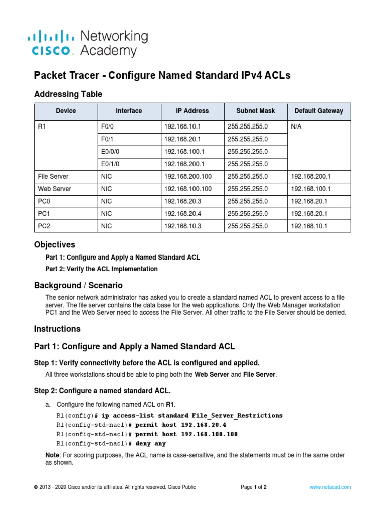 5.1.9 Packet Tracer - Configure Named Standard IPv4 ACLs | PDF | Ip Address | Internet Protocols