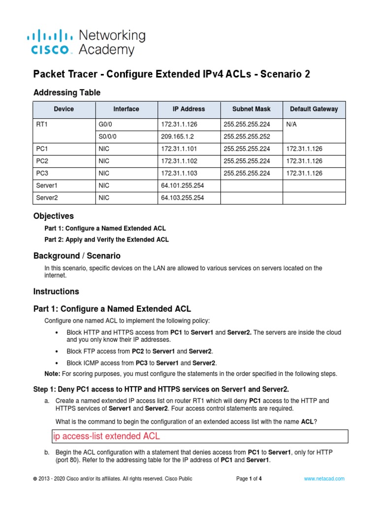 5.4.13 Packet Tracer - Configure Extended IPv4 ACLs - Scenario 2 | PDF | Internet Protocols | Ip ...