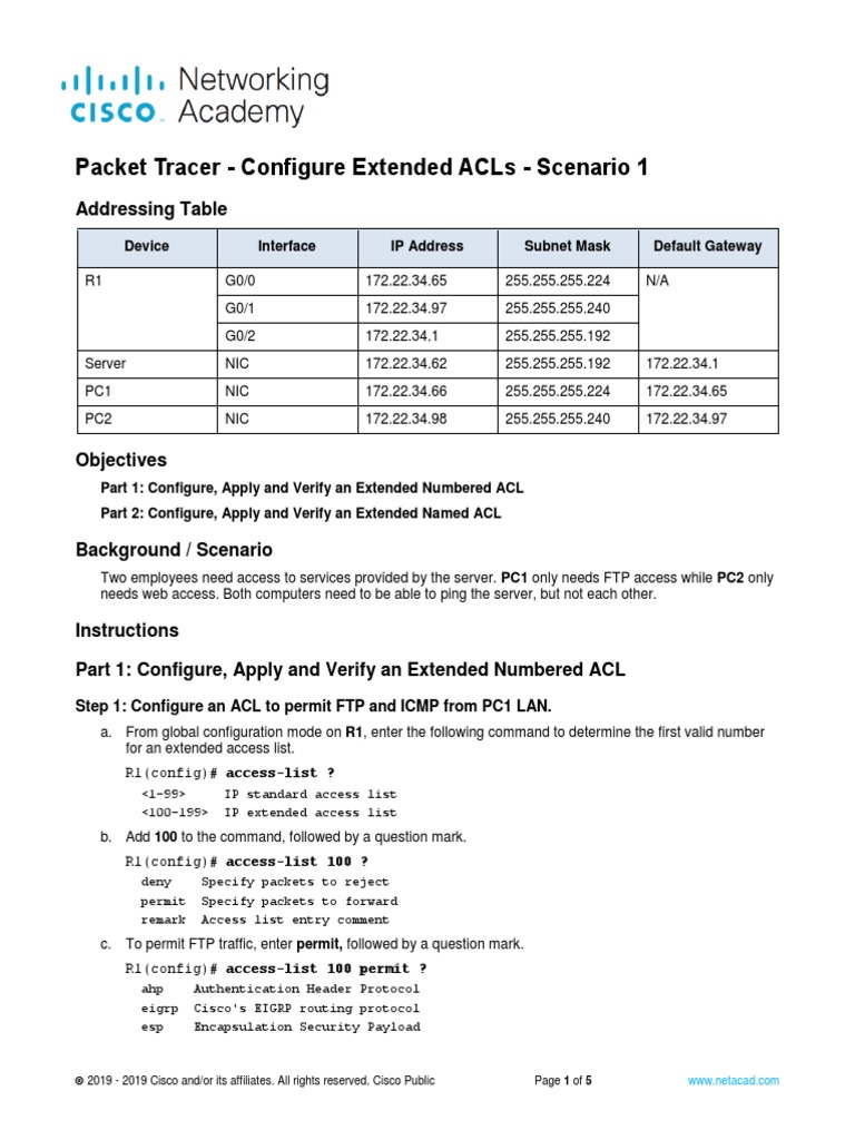 5.4.12 Packet Tracer - Configure Extended IPv4 ACLs - Scenario 1 | PDF | Port (Computer ...