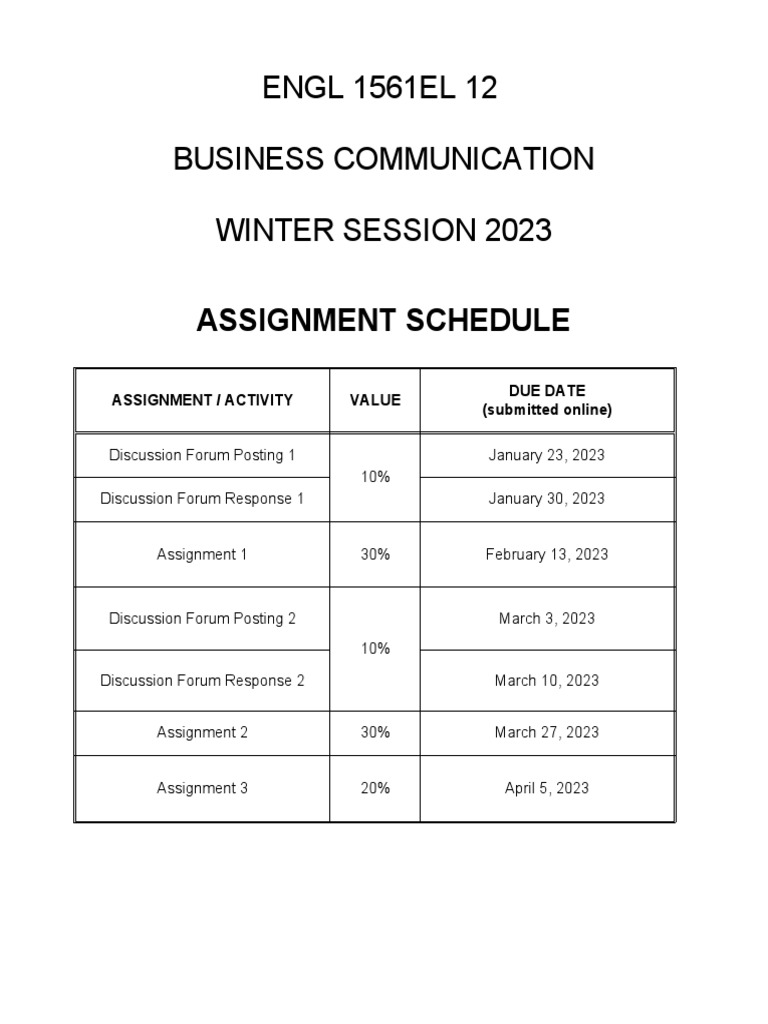 ENGL 1561EL 12 Business Communication Winter Session 2023: Assignment Schedule | PDF